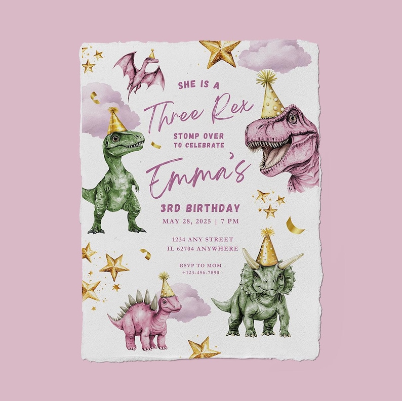 Three Rex Pink Dinosaur T-rex 3rd Birthday Invitation, Party, Girls ...