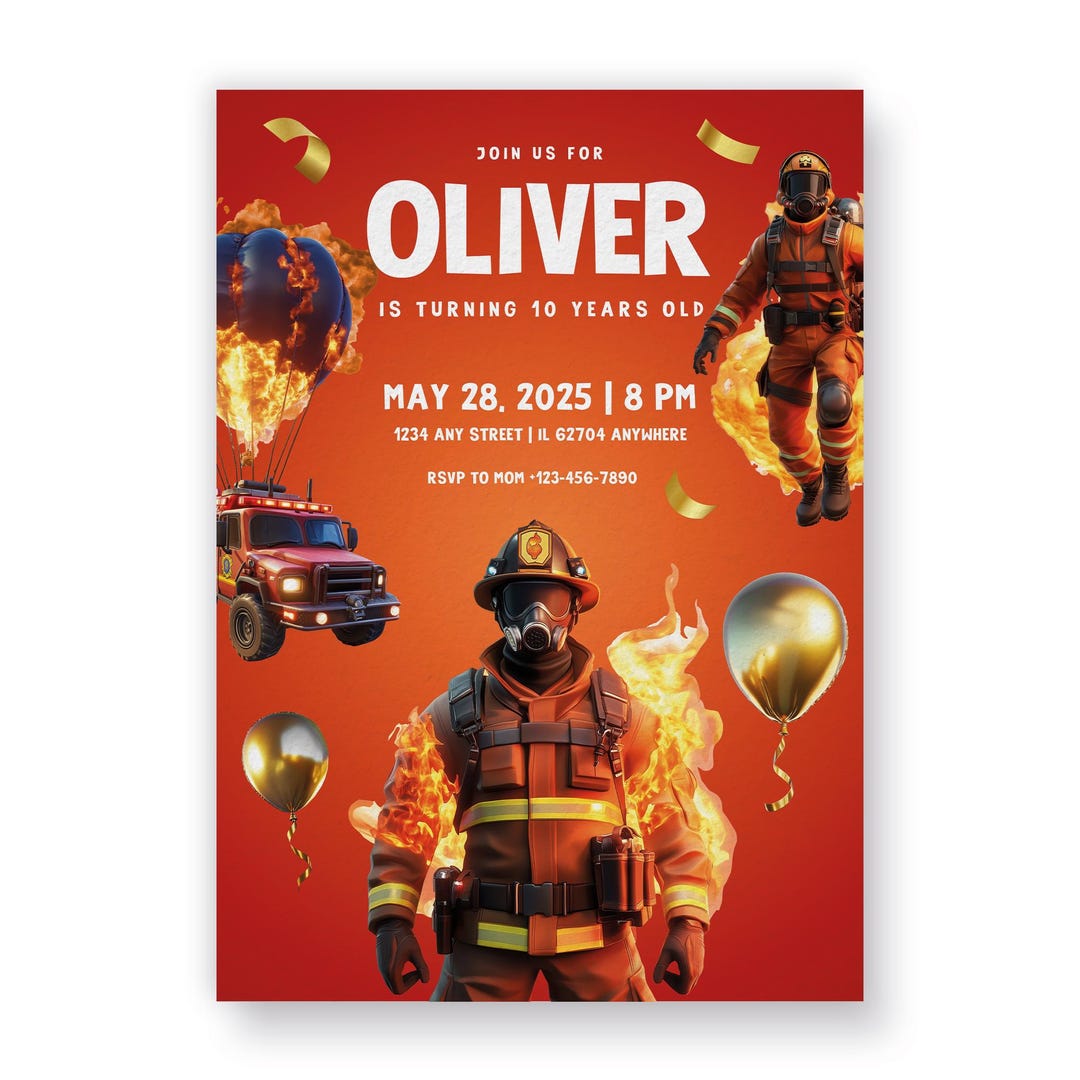Firefighter Gaming Birthday Invitation, Battle Royal, Firefighter ...
