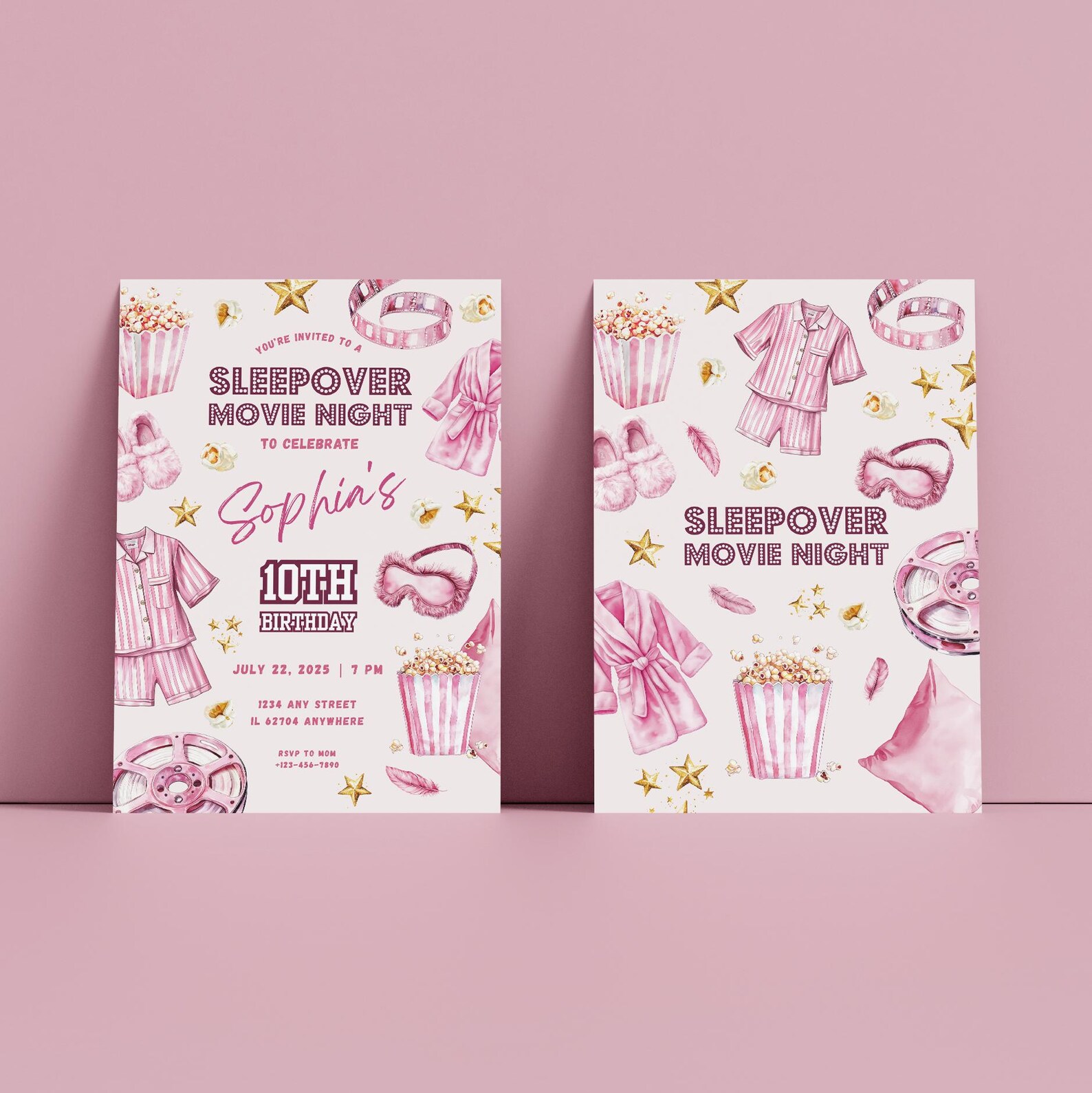 Movie Night Sleepover Birthday Invitation, Pajama Party, Pink, Pastel ...