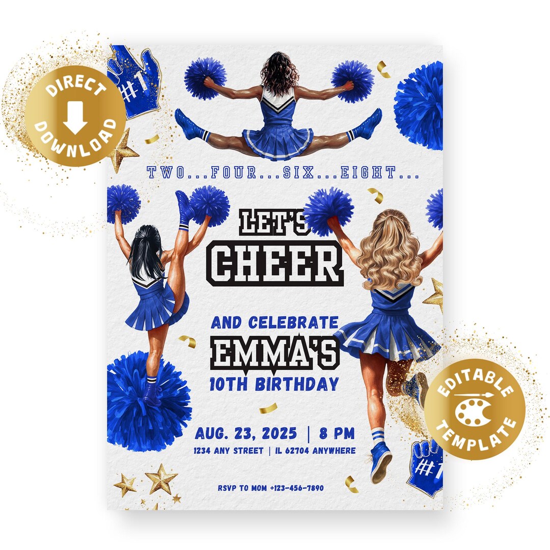 Cheerleader Birthday Invitation Digital Let's Cheer Birthday Invite ...
