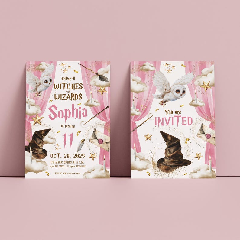 Wizard Birthday Invitation Pink Digital Witches Sorcery Magic School ...