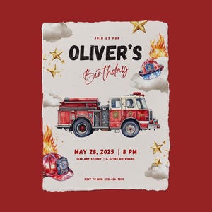 Firefighter Birthday Invitation, Digital, Fire Truck, Car, Fireman ...