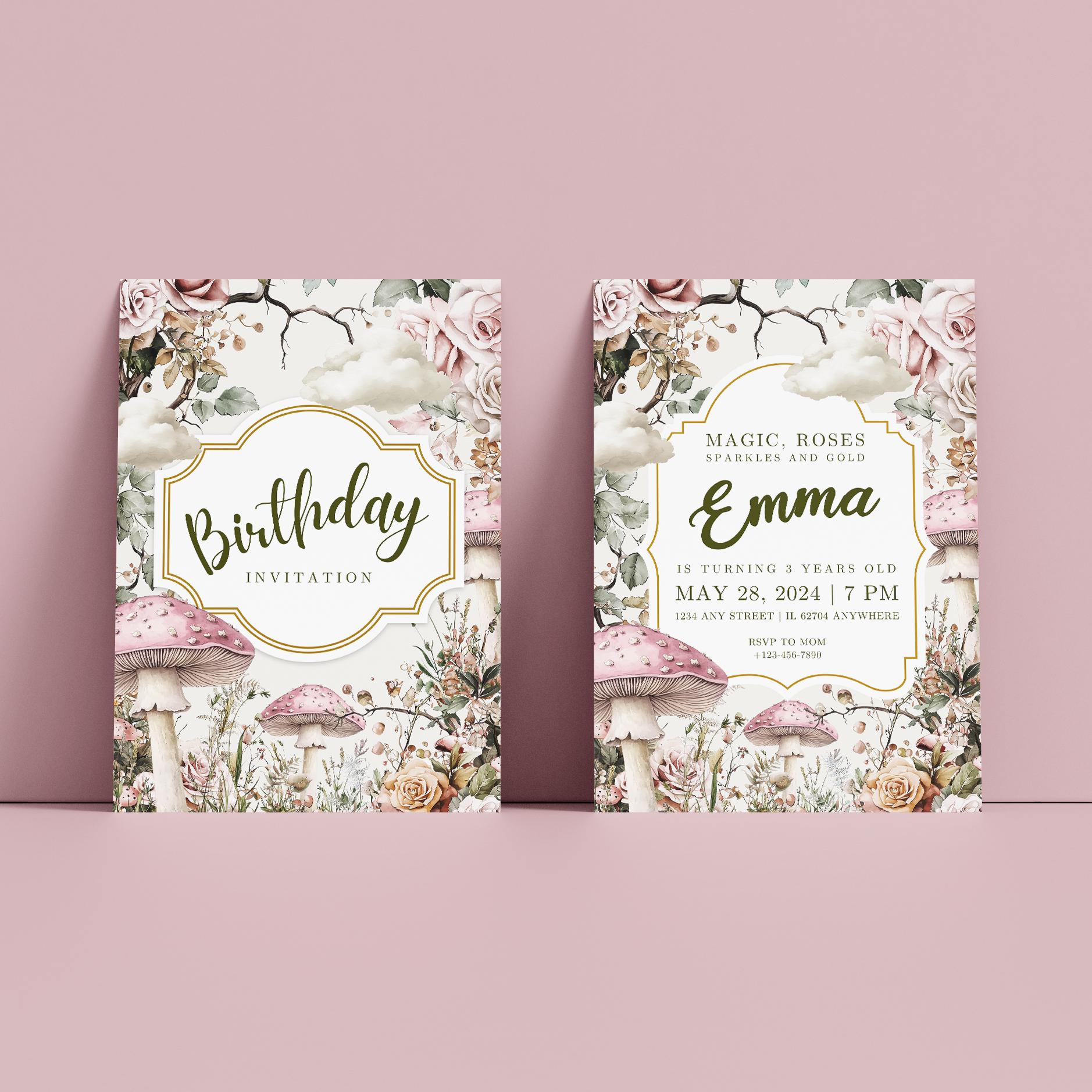 Enchanted Forest Flowers Birthday Invitation, Digital, Mushrooms, Roses ...