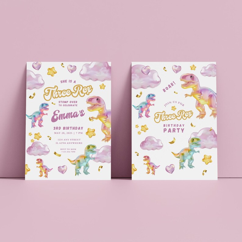 Three Rex Pink Candy Dinosaur T-rex 3rd Birthday Invitation Party ...