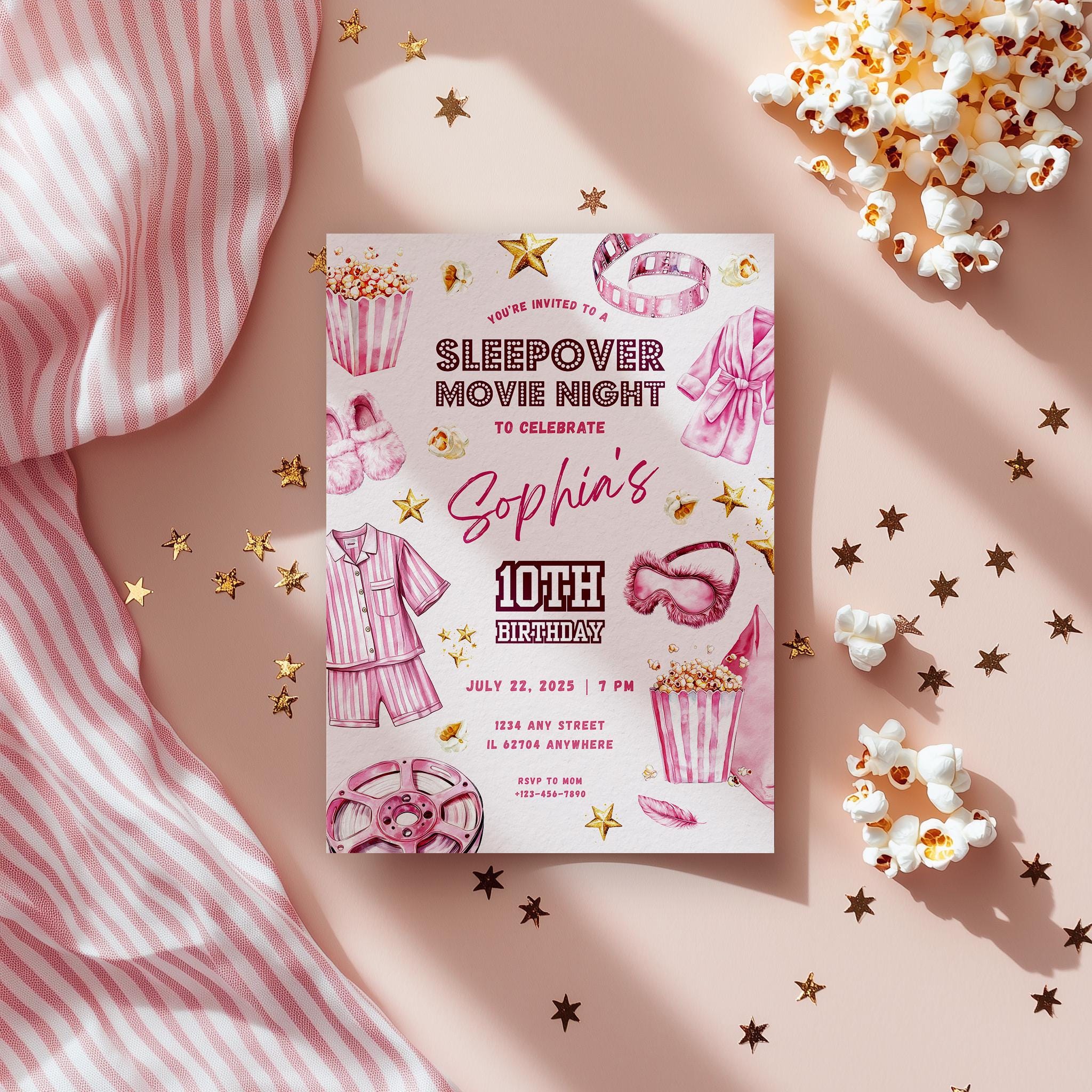 Movie Night Sleepover Birthday Invitation, Pajama Party, Pink, Pastel ...