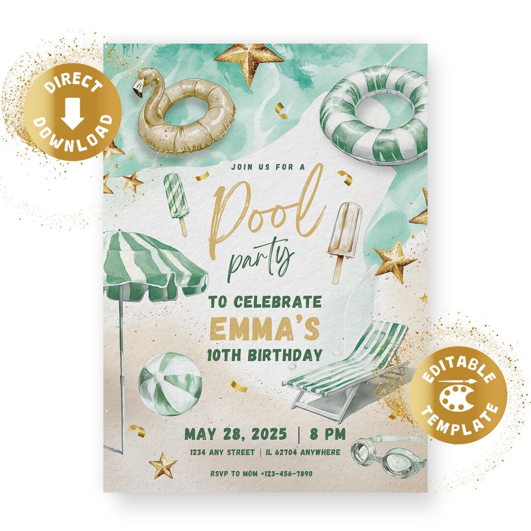 Pool Party Birthday Invitation Digital Poolparty Invite Gold Waterslide ...
