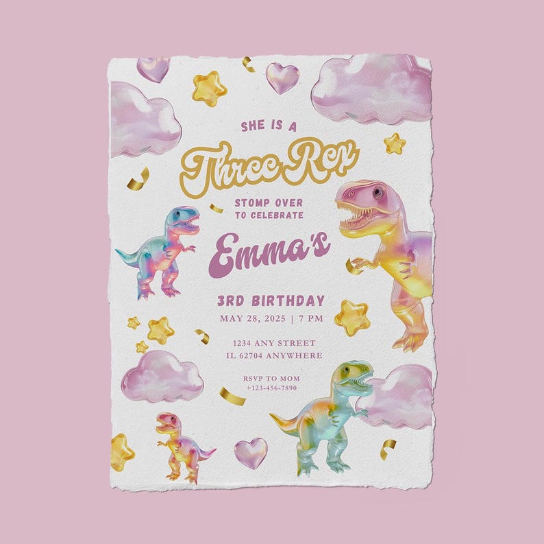 Three Rex Pink Candy Dinosaur T-rex 3rd Birthday Invitation Party ...