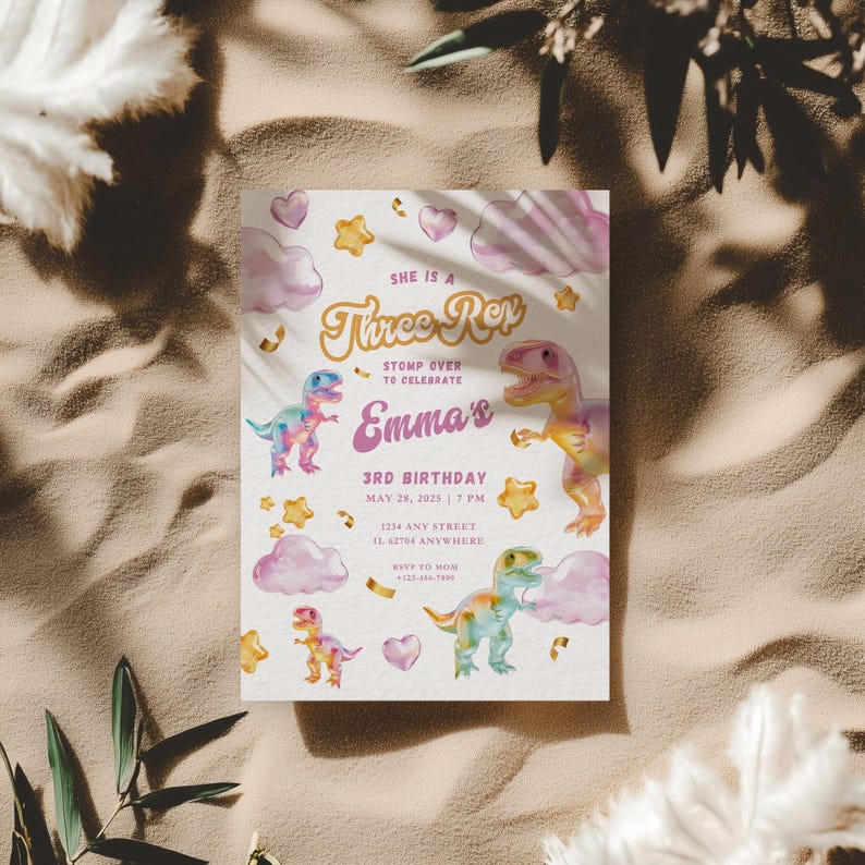 Three Rex Pink Candy Dinosaur T-rex 3rd Birthday Invitation Party ...