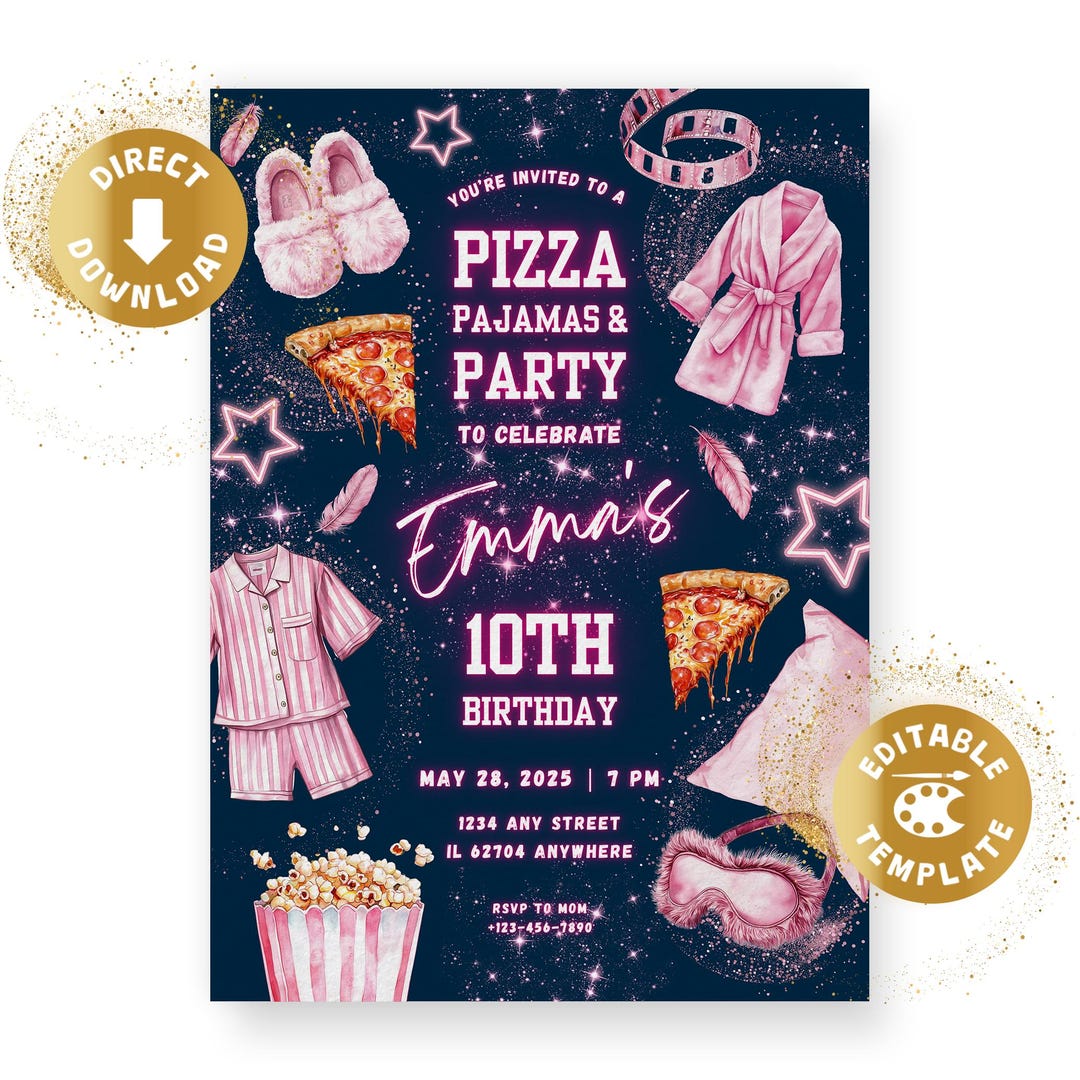 Pajama Sleepover Party Pyjama Birthday Invitation Movie Night, Pizza ...