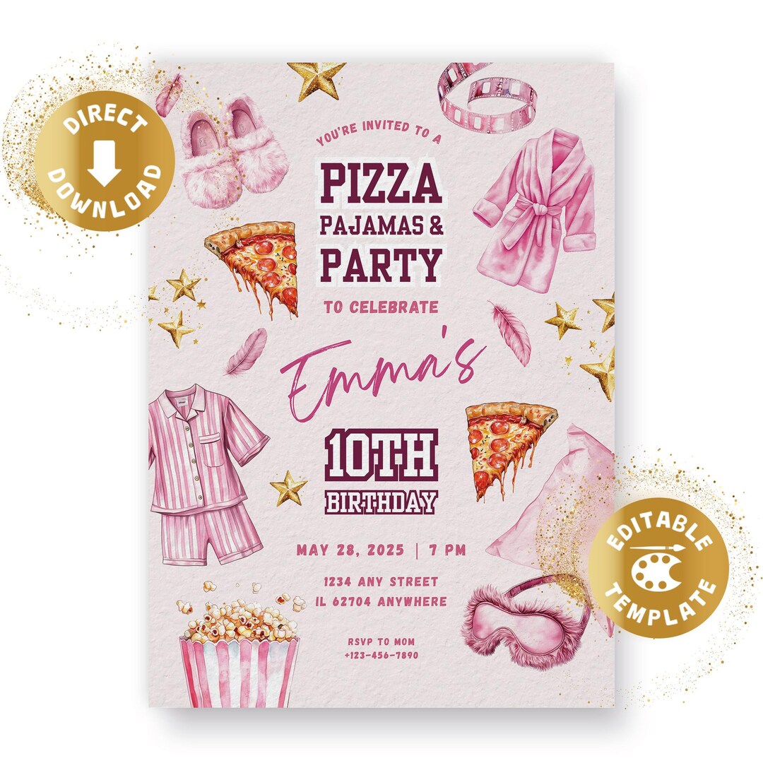 Pajama Sleepover Party Pyjama Birthday Invitation Movie Night, Pizza ...