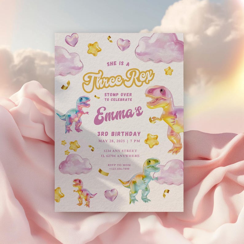 Three Rex Pink Candy Dinosaur T-rex 3rd Birthday Invitation Party ...