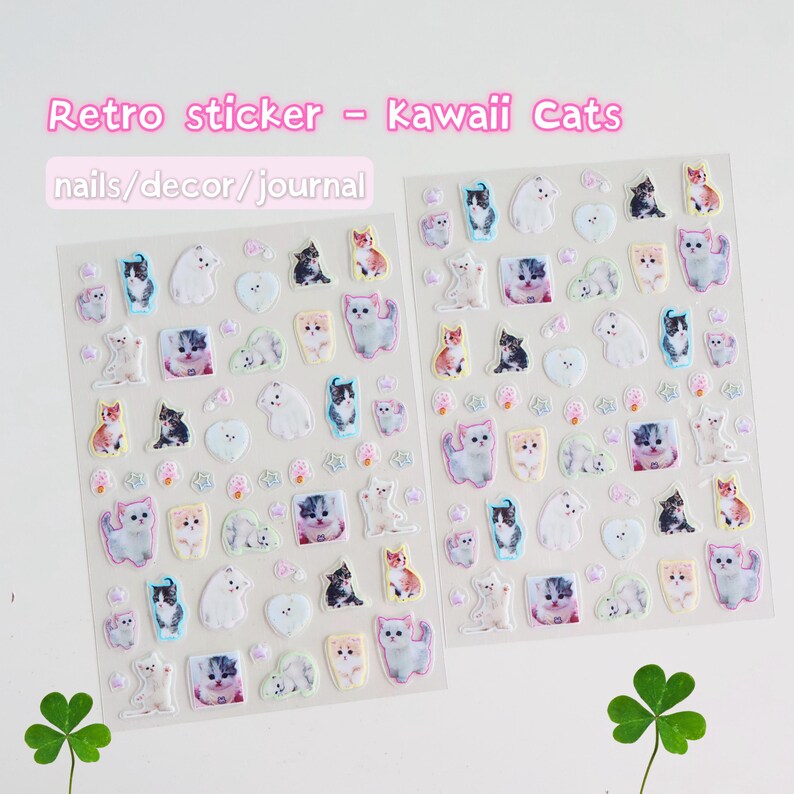 Handmade Mini Kawaii Heisei Retro Cat Stickers Y2K Stars Aesthetic Animal Stickers for DIY Nail ...