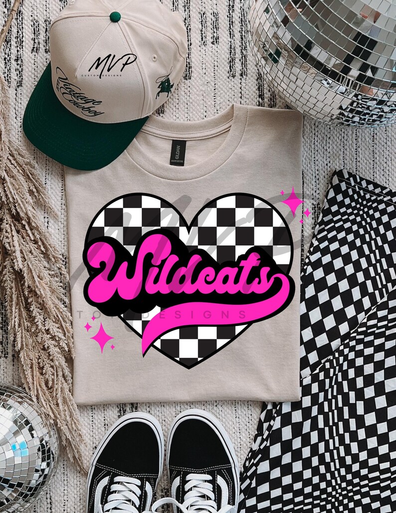 Cute Wildcats Mascot PNG Retro Checkered Heart Digital Download Groovy ...