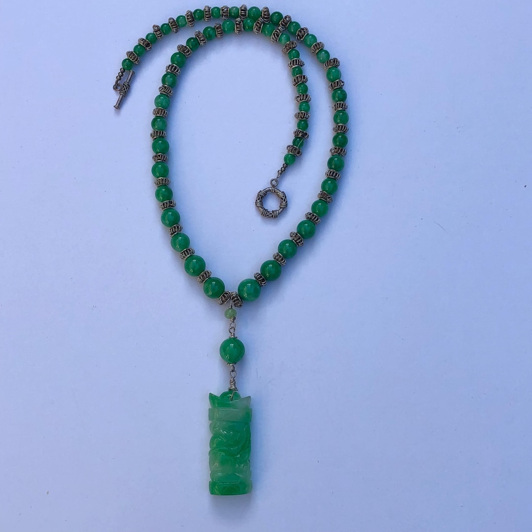 Bright Green Carved Jade Pendant Necklace: Bali Silver Clasp - Etsy