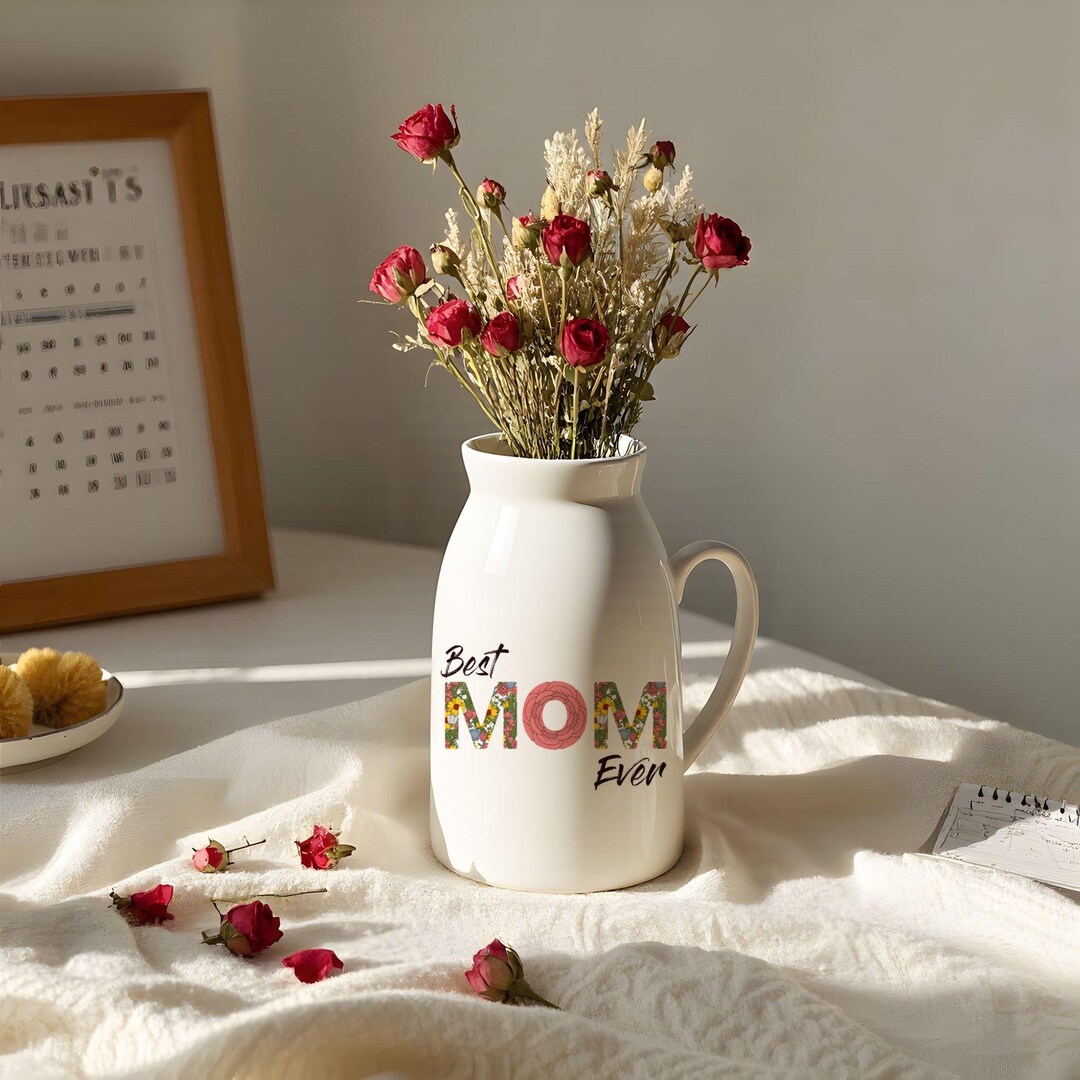 Beautiful Mom Vase, Floral Ceramic Pitcher, Custom Mother Gift, White ...