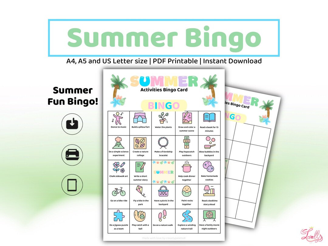 Summer Activities Bingo Card Printable PDF | A4 A5 US Letter | Family ...