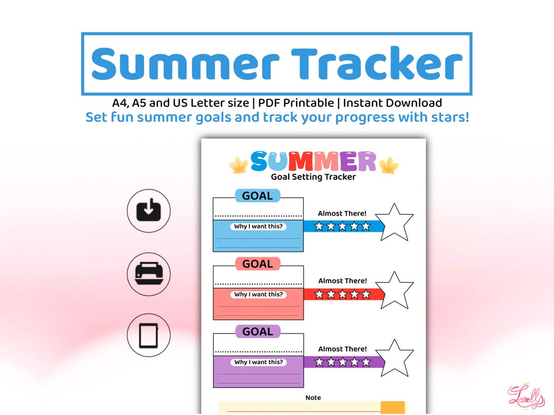 Summer Goal Setting Tracker Printable for Kids | A4 A5 US Letter | Fun ...