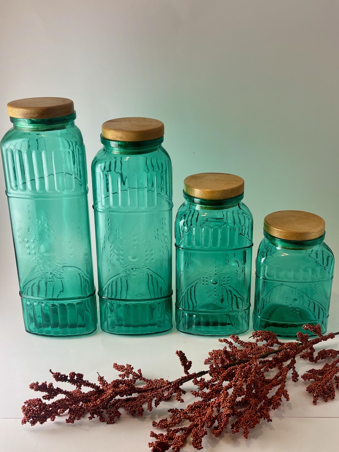Vintage Teal Turquoise Green Canister Set of 4/ Triangle Shaped Jar ...