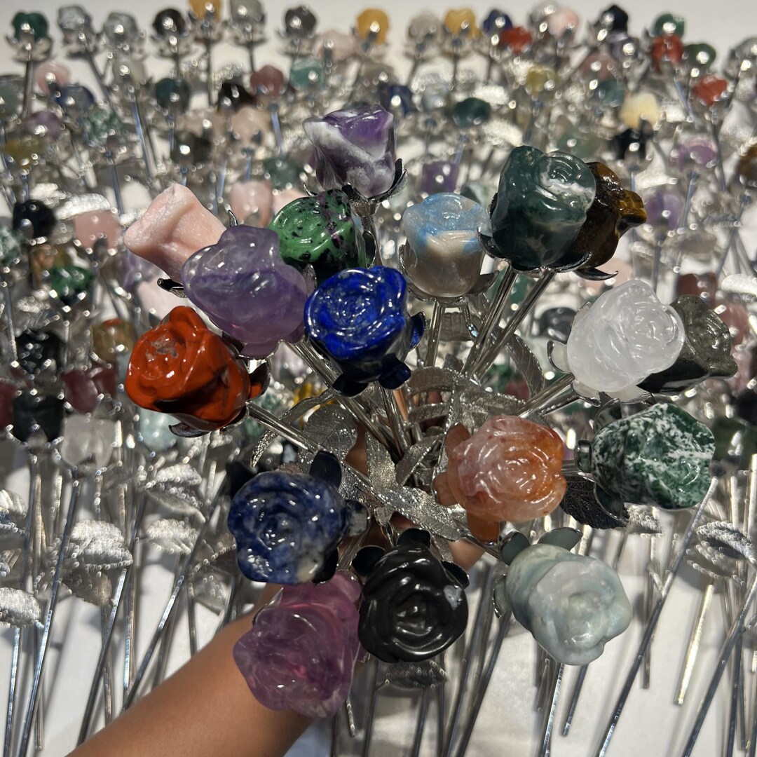 Crystal Rose Bouquet Set: Natural Healing Crystals, Metal Stems, Bonus ...