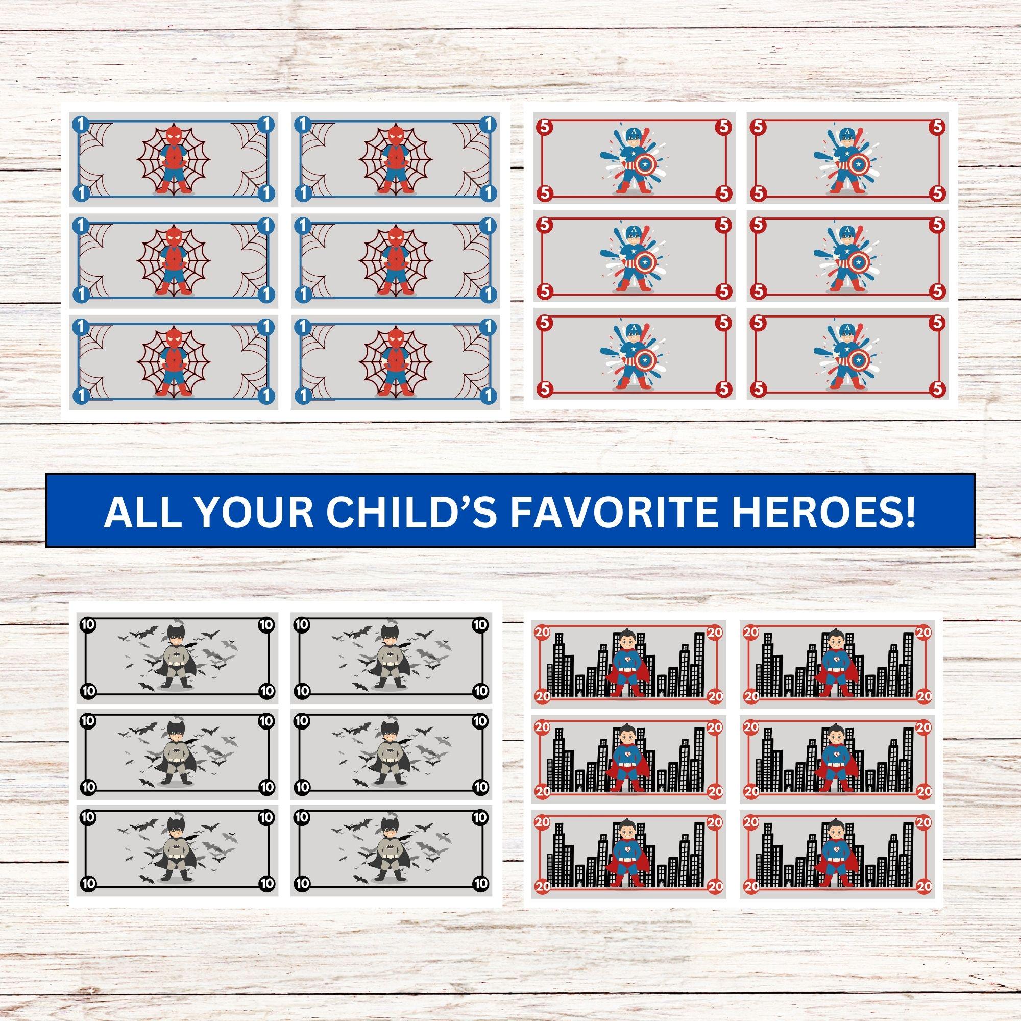 PRINTABLE PRETEND MONEY- Superhero Themed, Pretend Money, Reward Money ...