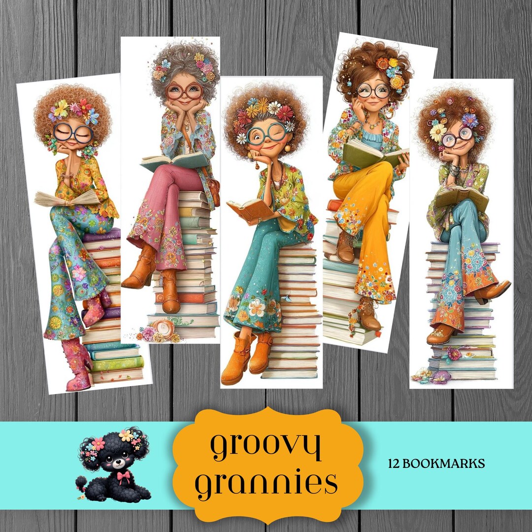 Groovy Granny Bookmarks, Retro Older Women With Bell Bottoms and ...