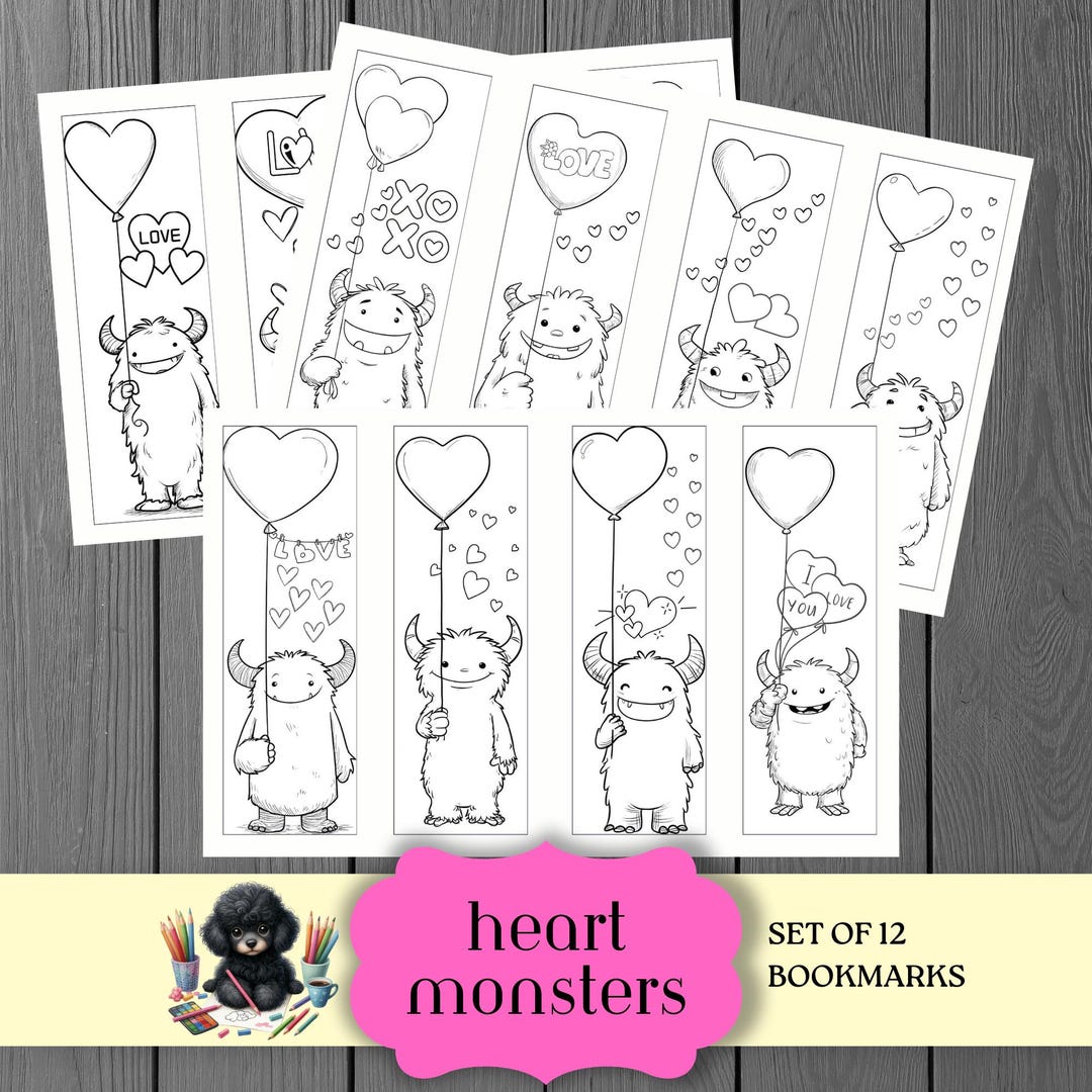 Valentines Day Monster Coloring Bookmarks, Kids Activities, Set of 12 ...