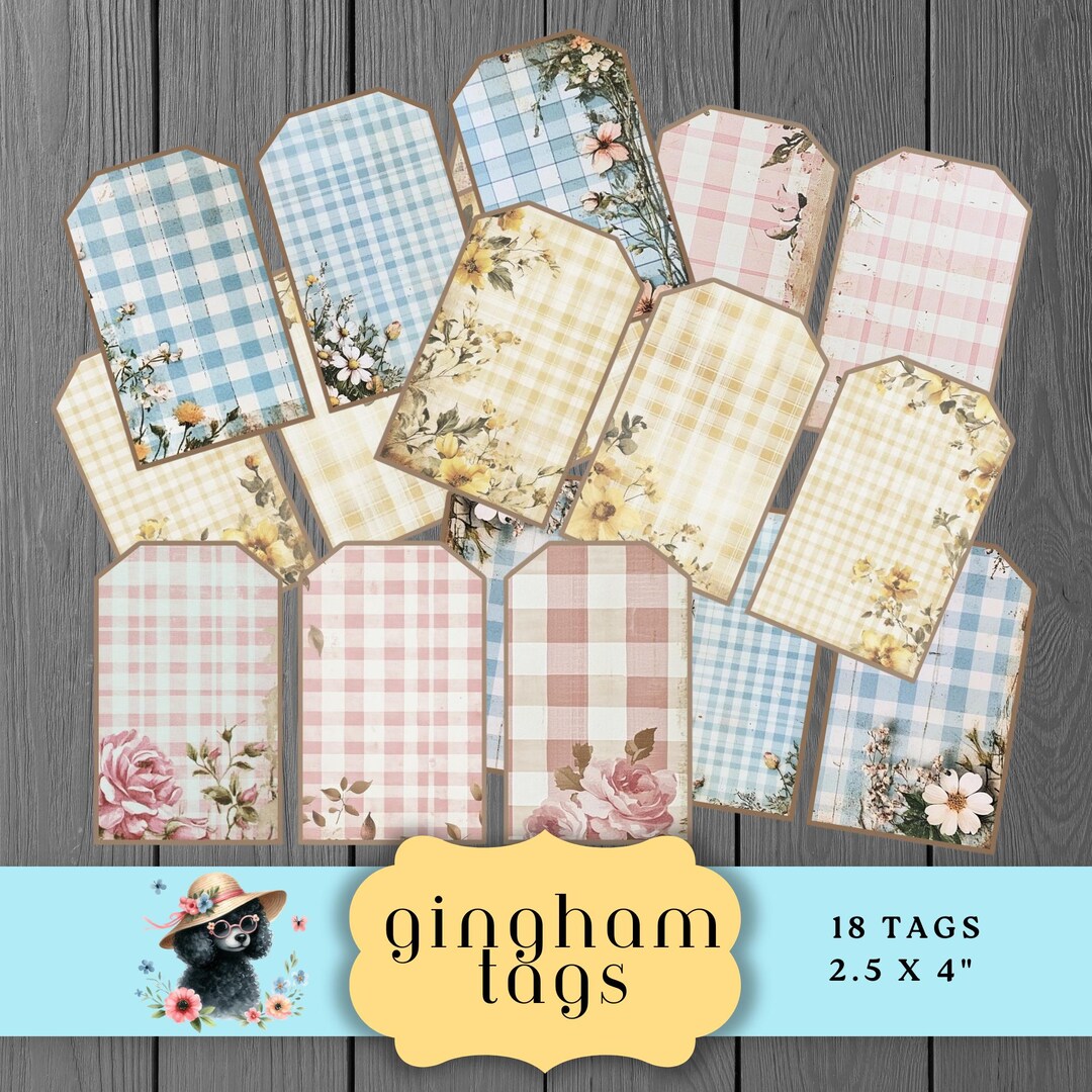 Gingham Floral Printable Tags, Rustic Shabby Chic Ephemera, Junk ...