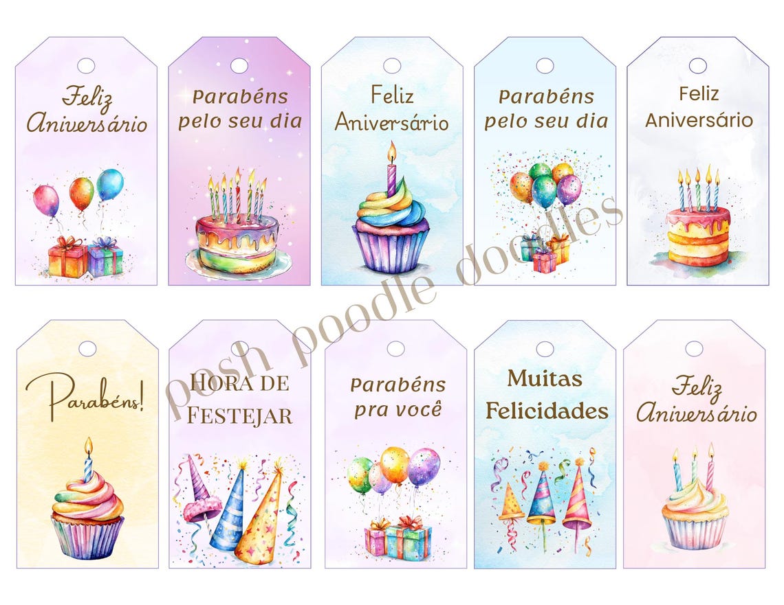 Feliz Aniversário Colorful Tags, Perfect Gift Toppers, Digital Tags ...