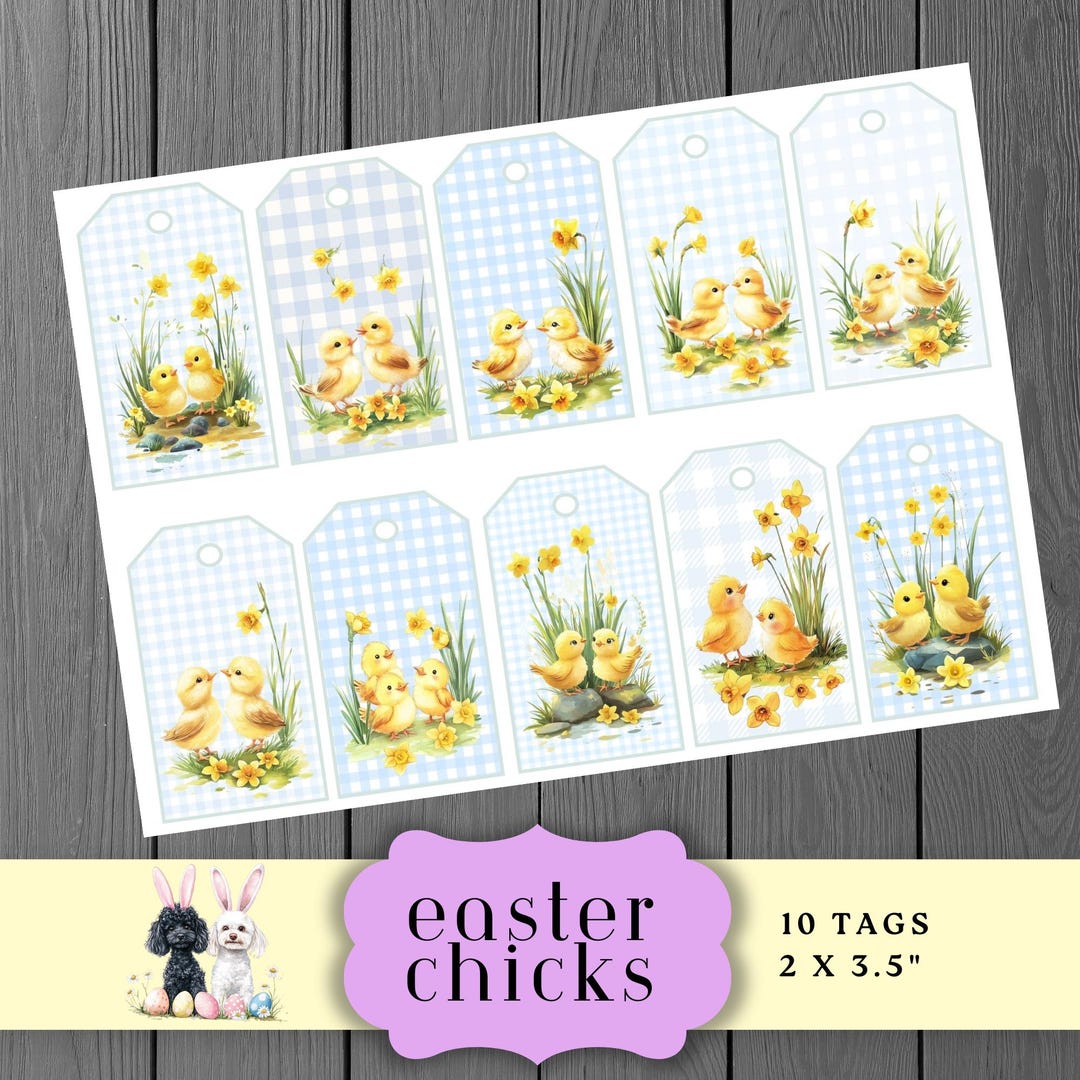 Yellow Chicks Easter Gift Tags, Blue Gingham, Instant Download, Easter ...