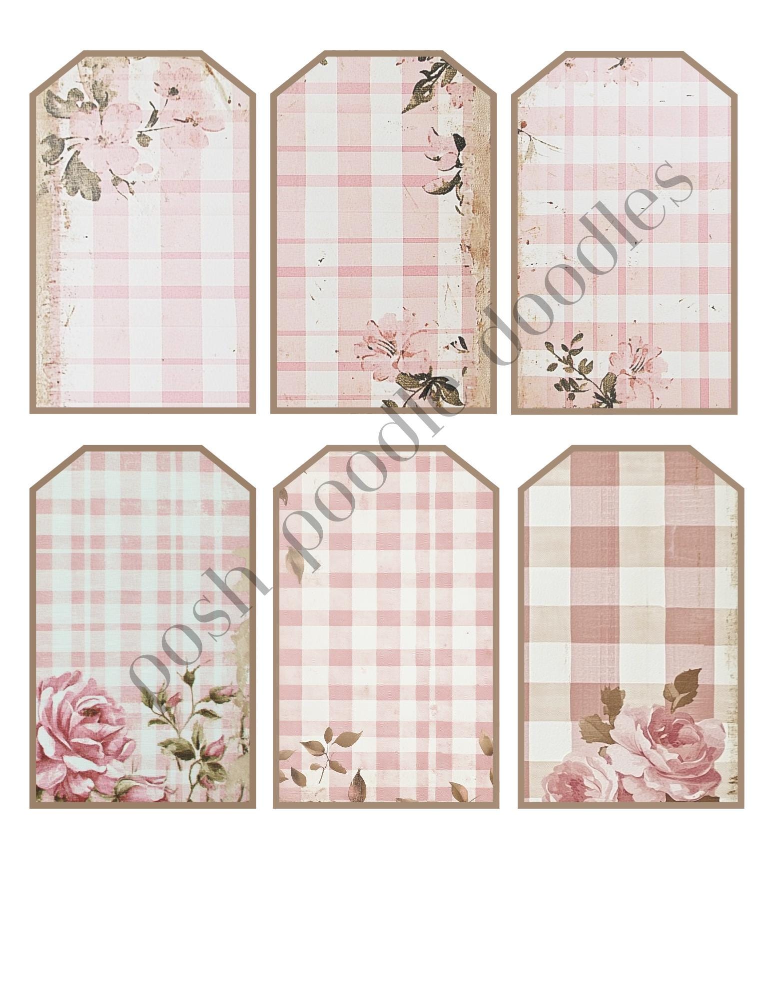 Gingham Floral Printable Tags, Rustic Shabby Chic Ephemera, Junk ...