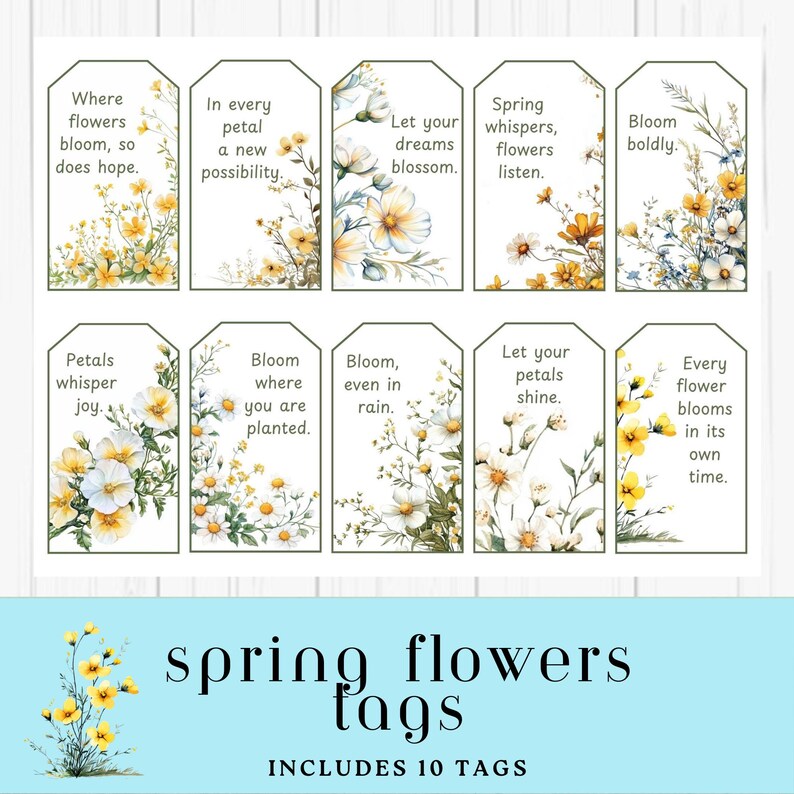Spring Tags, Yellow Flowers Gift Tags, Bloom and Grow Digital Tags, Set ...