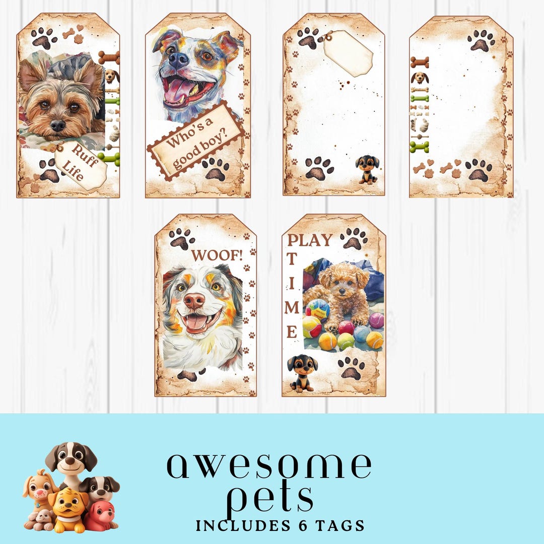 Cute Dogs Printable Ledger Tags, Pets Tags, Pet Lover Junk Journal Tags ...