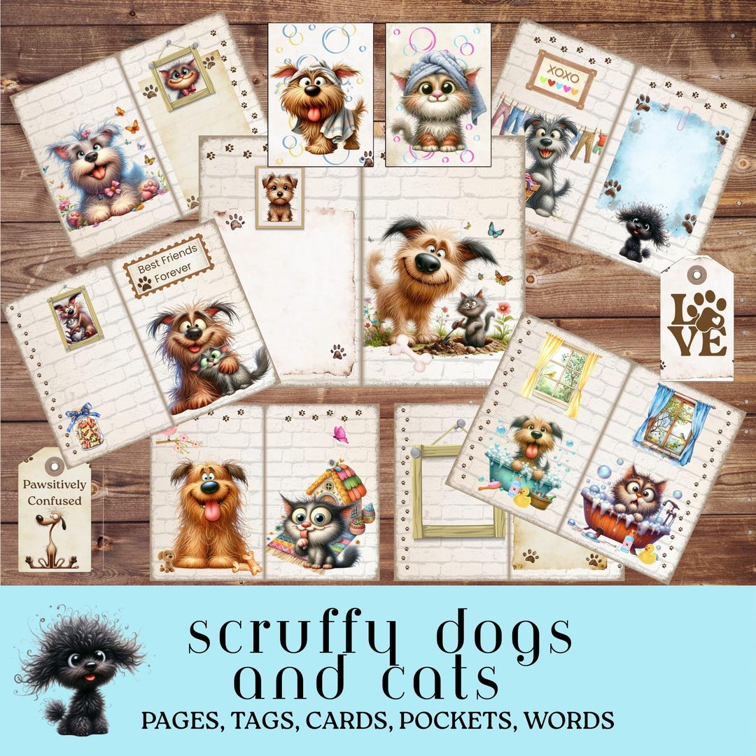 Scruffy Dog and Cat Junk Journal Pages, Funny Pet Printables, Words ...