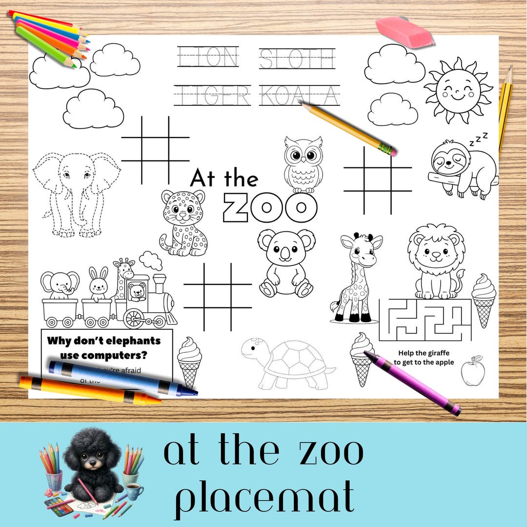At the Zoo Activity Placemat Printable, Coloring Animals, Tracing, Maze ...
