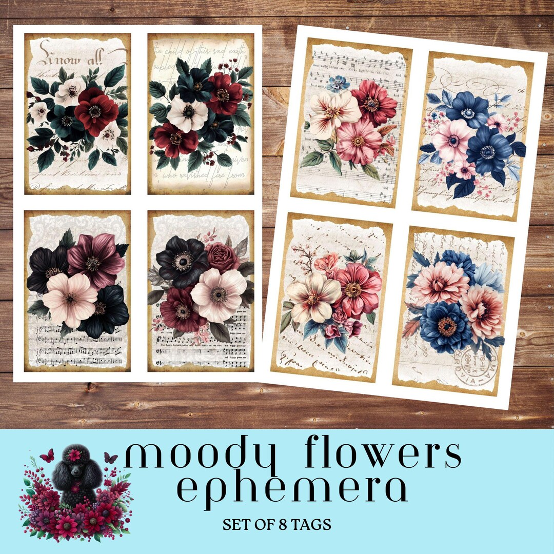 Vintage Flowers Ephemera, Dark Botanical Ephemera, 8 Digital Cards ...