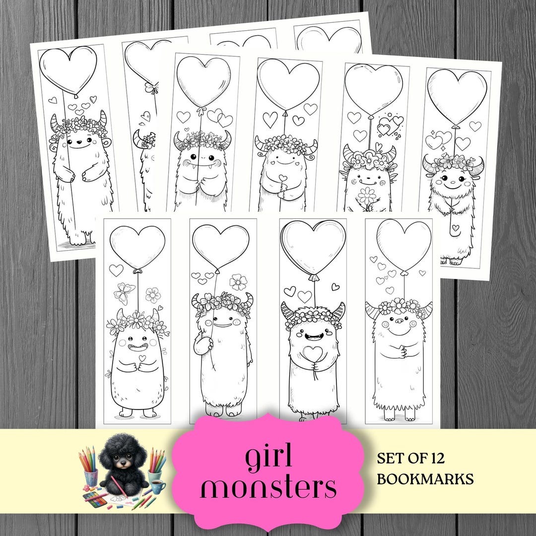Valentines Day Girl Monster Coloring Bookmarks, Kids Activities, Set of ...