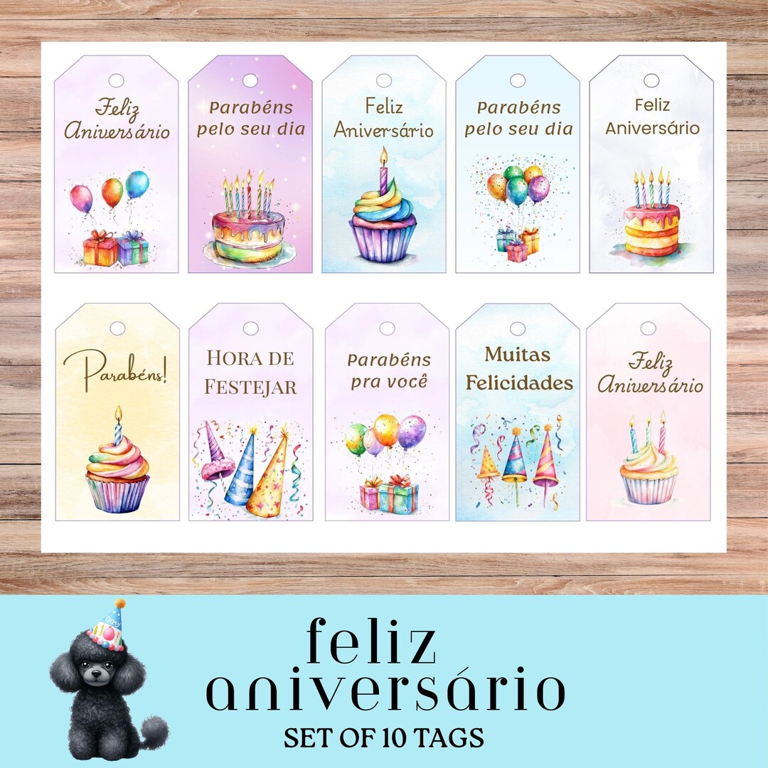 Feliz Aniversário Colorful Tags, Perfect Gift Toppers, Digital Tags ...