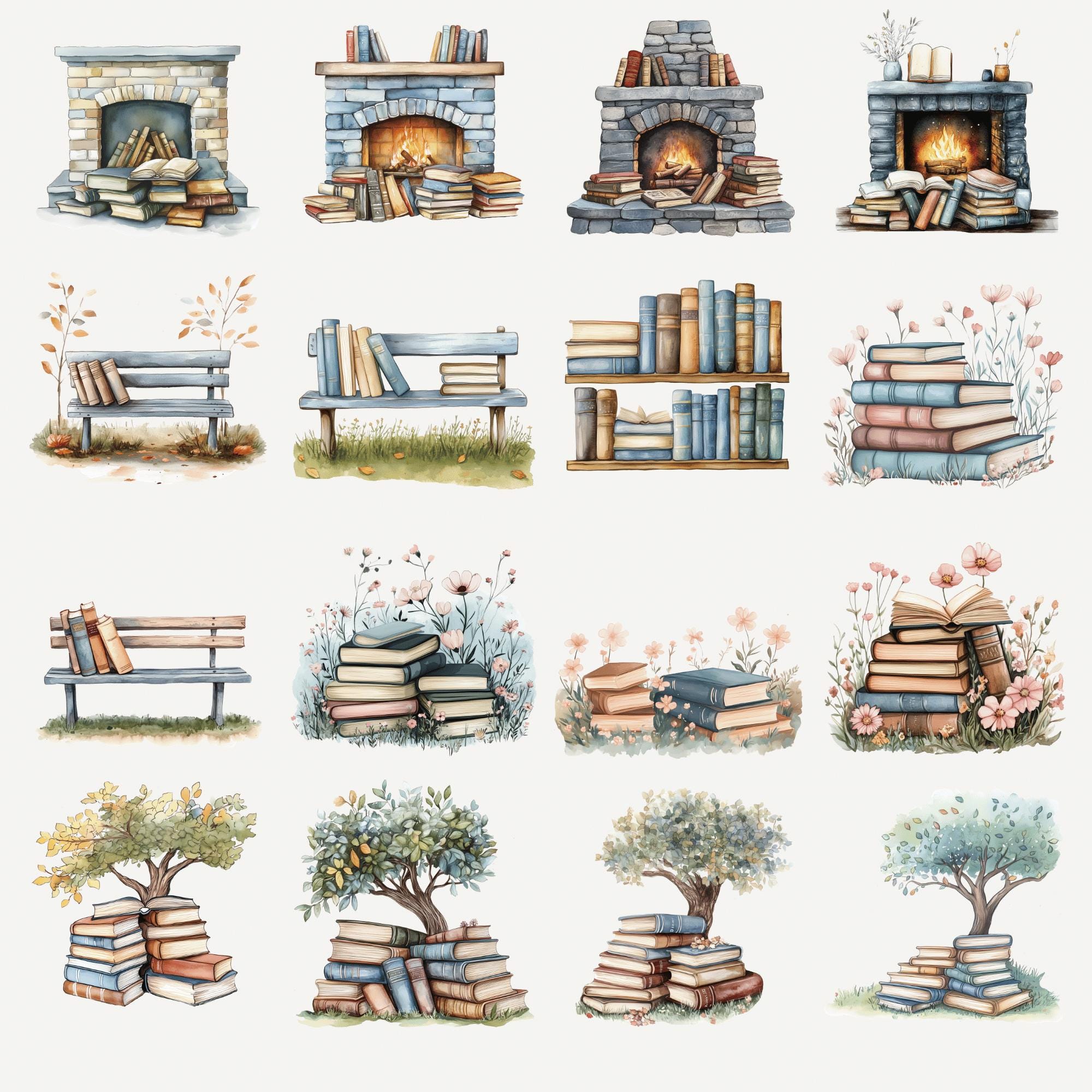 Cottagecore Books Watercolor Clipart Bundle Reading Clipart PNG Book ...