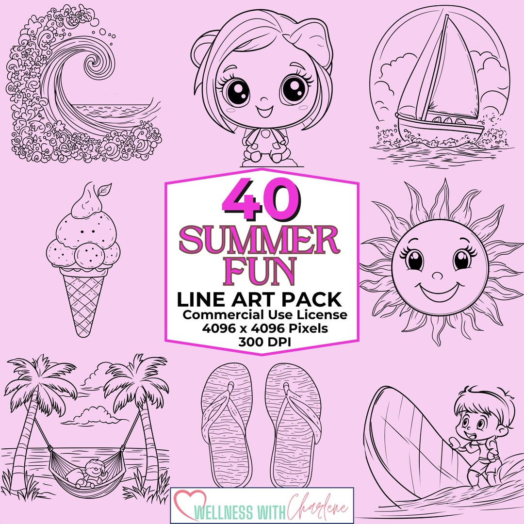 Summer Fun Line Art PNG Bundle Commercial Use Graphics, Summer PNG ...