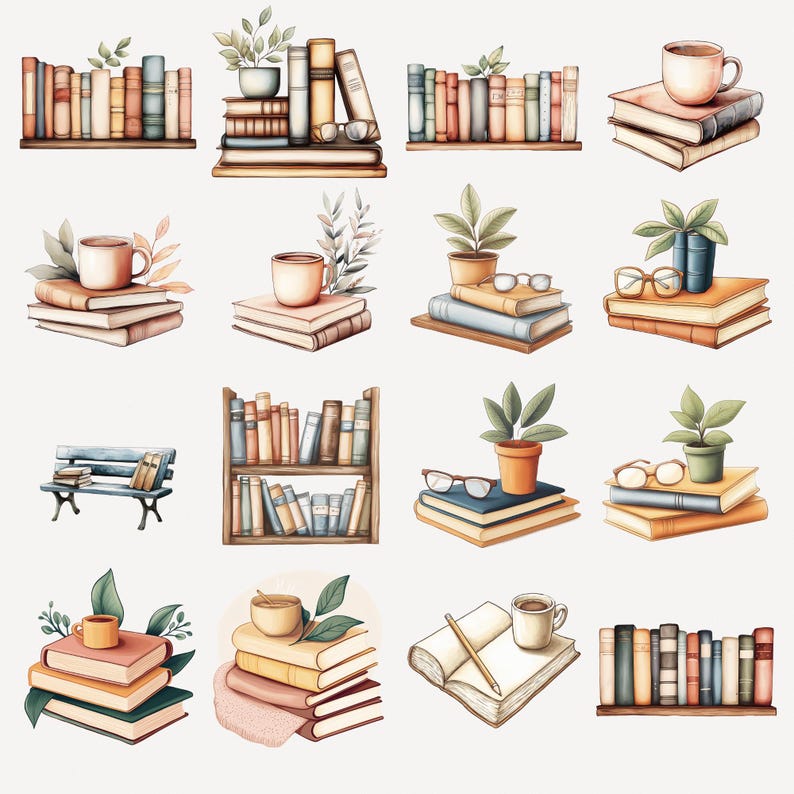 Cottagecore Books Watercolor Clipart Bundle Reading Clipart PNG Book ...