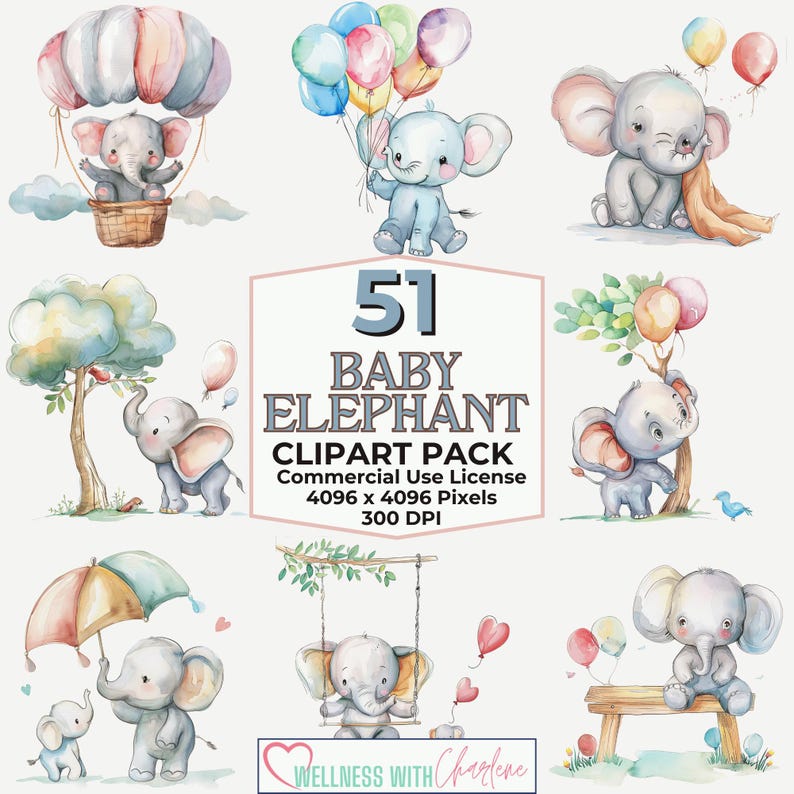 Baby Elephant Watercolor Clipart PNG Commercial Use for Safari Baby ...