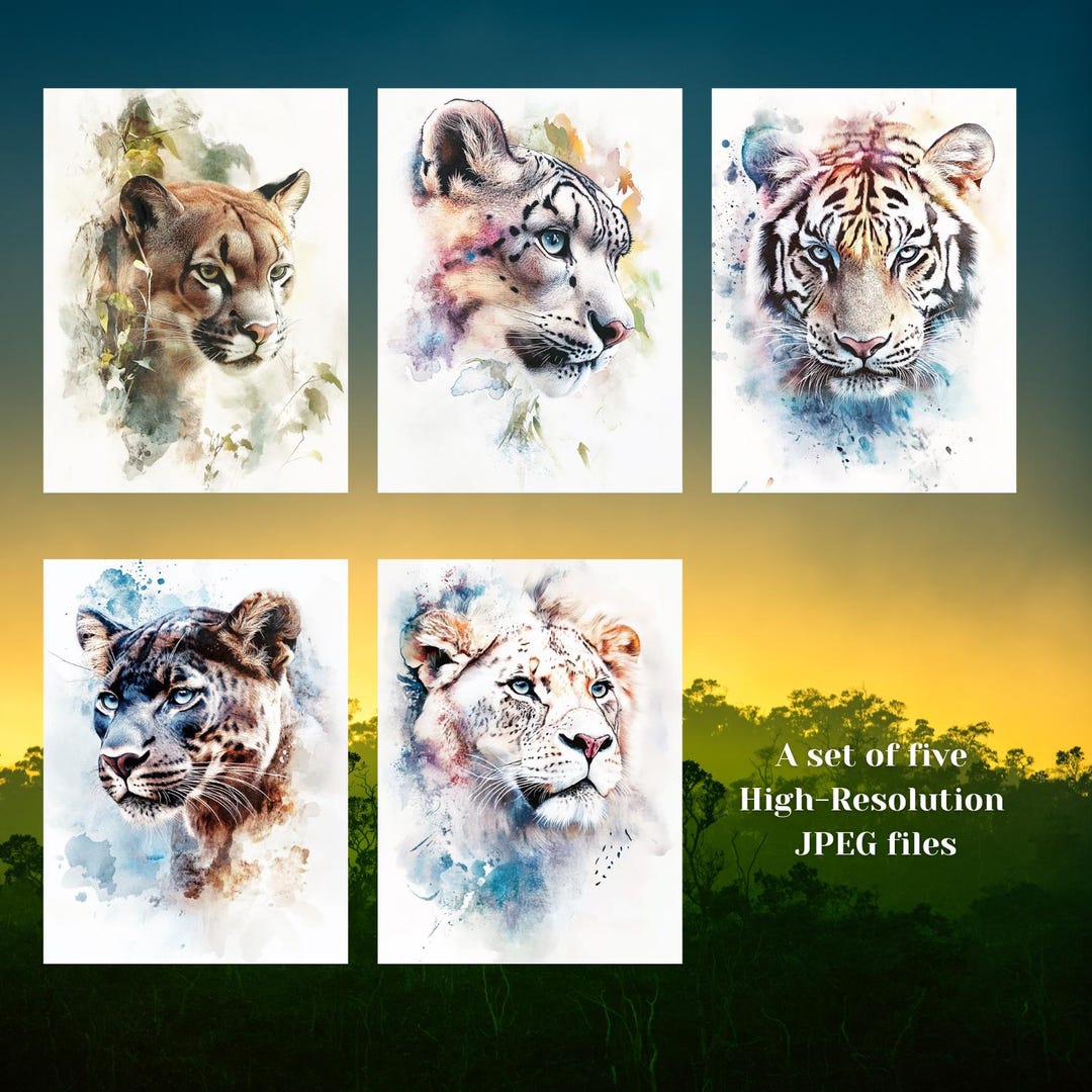 Watercolor Wild Cat Prints: Set of 5 Digital Downloads - Jaguar, Tiger ...