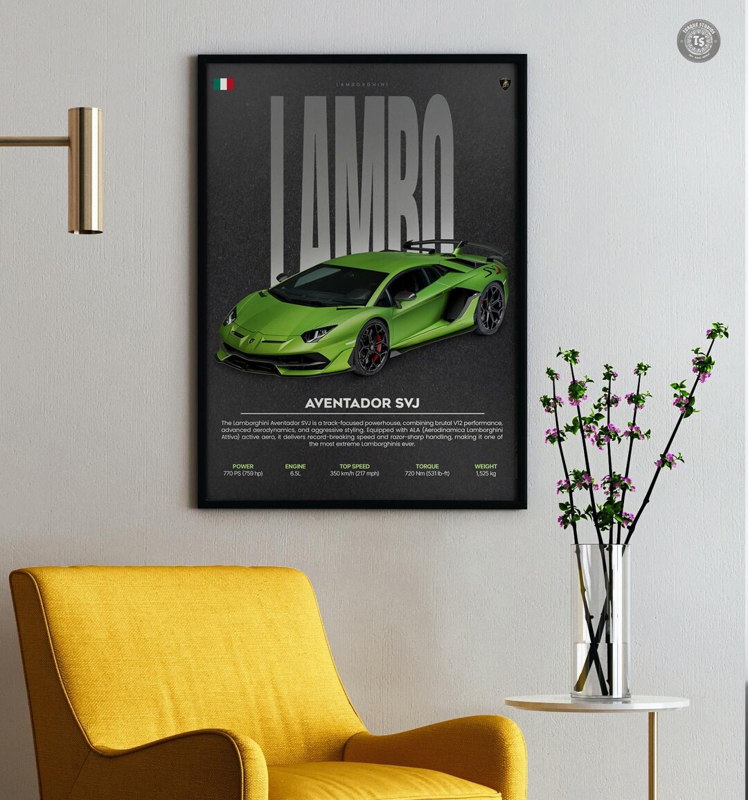Lamborghini Aventador SVJ Poster Supercar Wall Art Green Sports Car ...