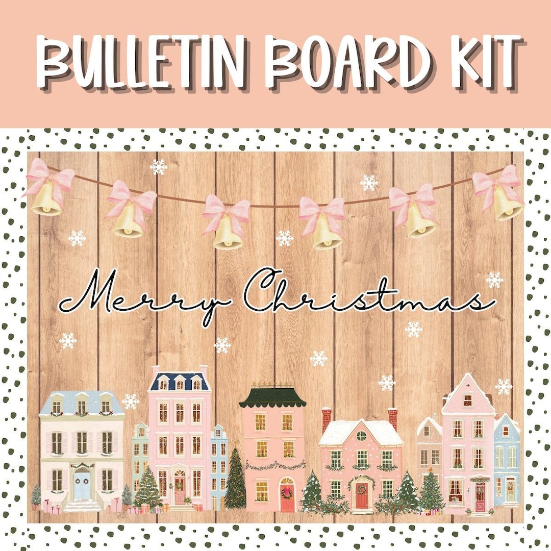 Pink Christmas Village Bulletin Board Kit | Watercolor Winter Decor ...