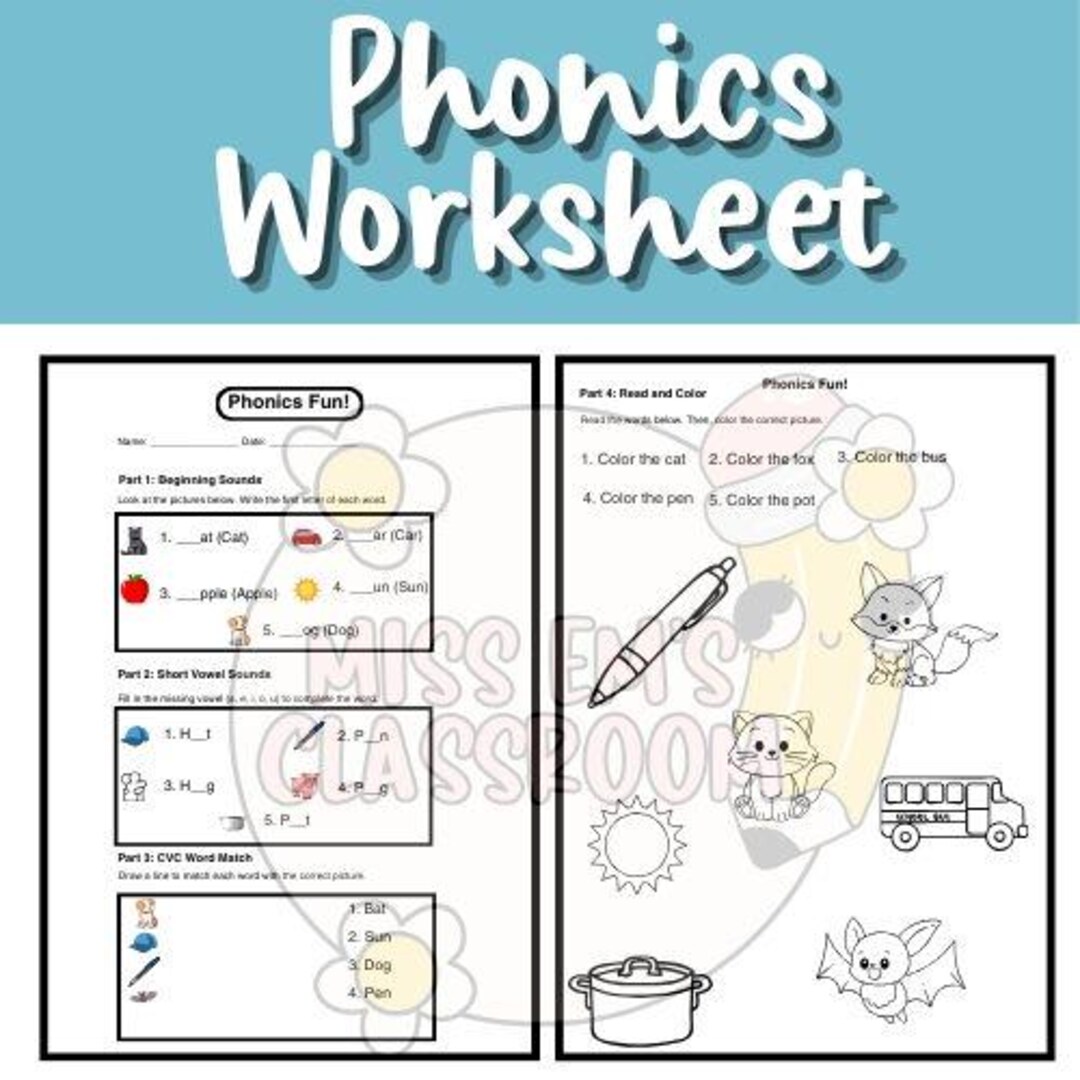 Phonics Worksheet for Young Learners Matching, Fill in the Blanks ...