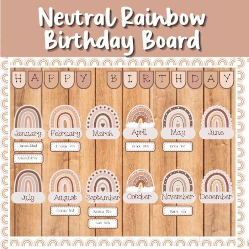 Neutral Rainbow Birthday Bulletin Board Kit: Boho Classroom Decor ...