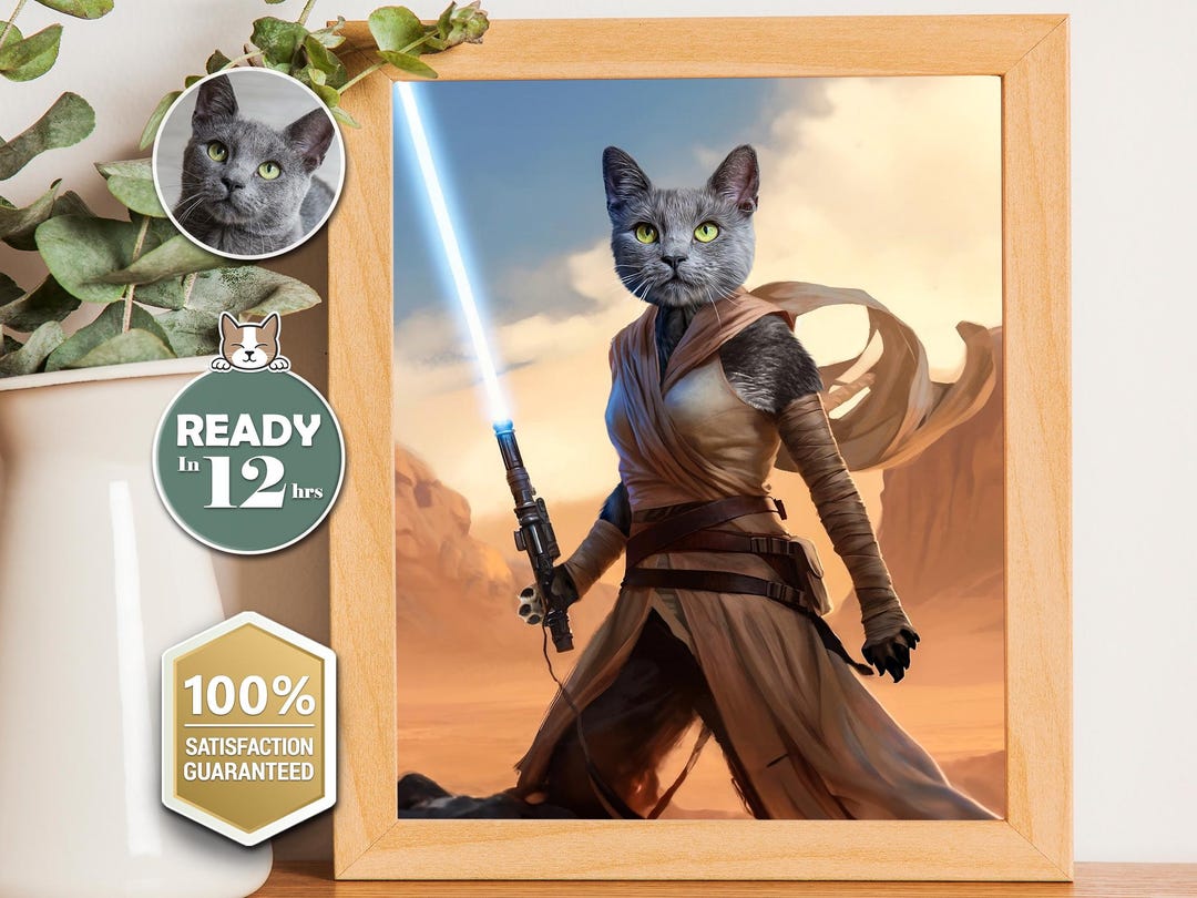 Cat Rey Skywalker Portrait, Custom Pet Art, Star Wars Parody (digital ...