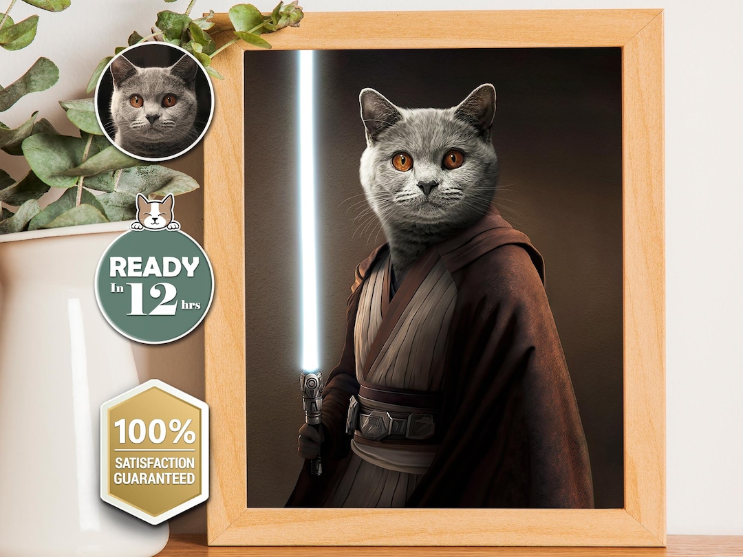 Jedi Cat Digital Portrait, Custom Star Wars Pet Art (digital Download ...