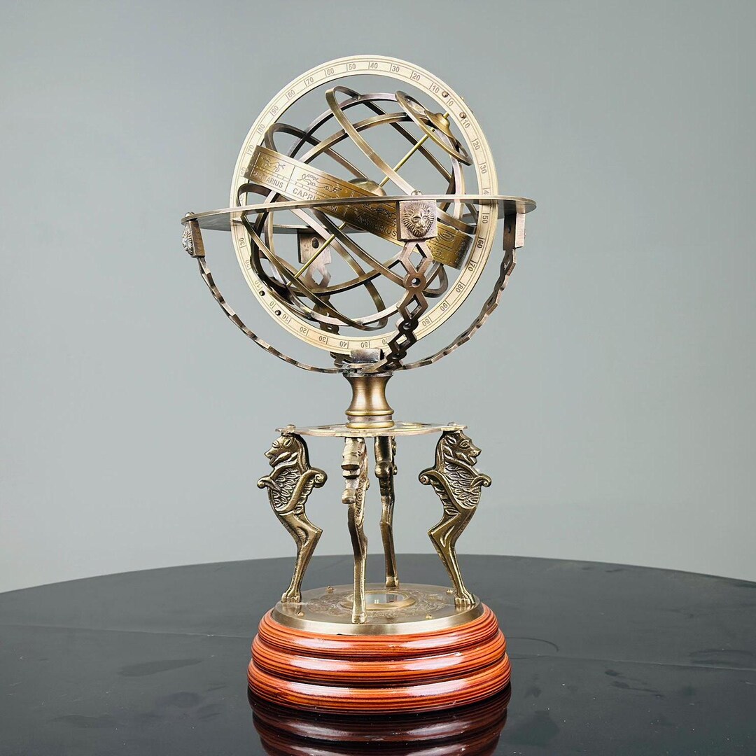 Brass Armillary Globe | Astrolabe Globe Zodiac Engraved Wooden Base ...