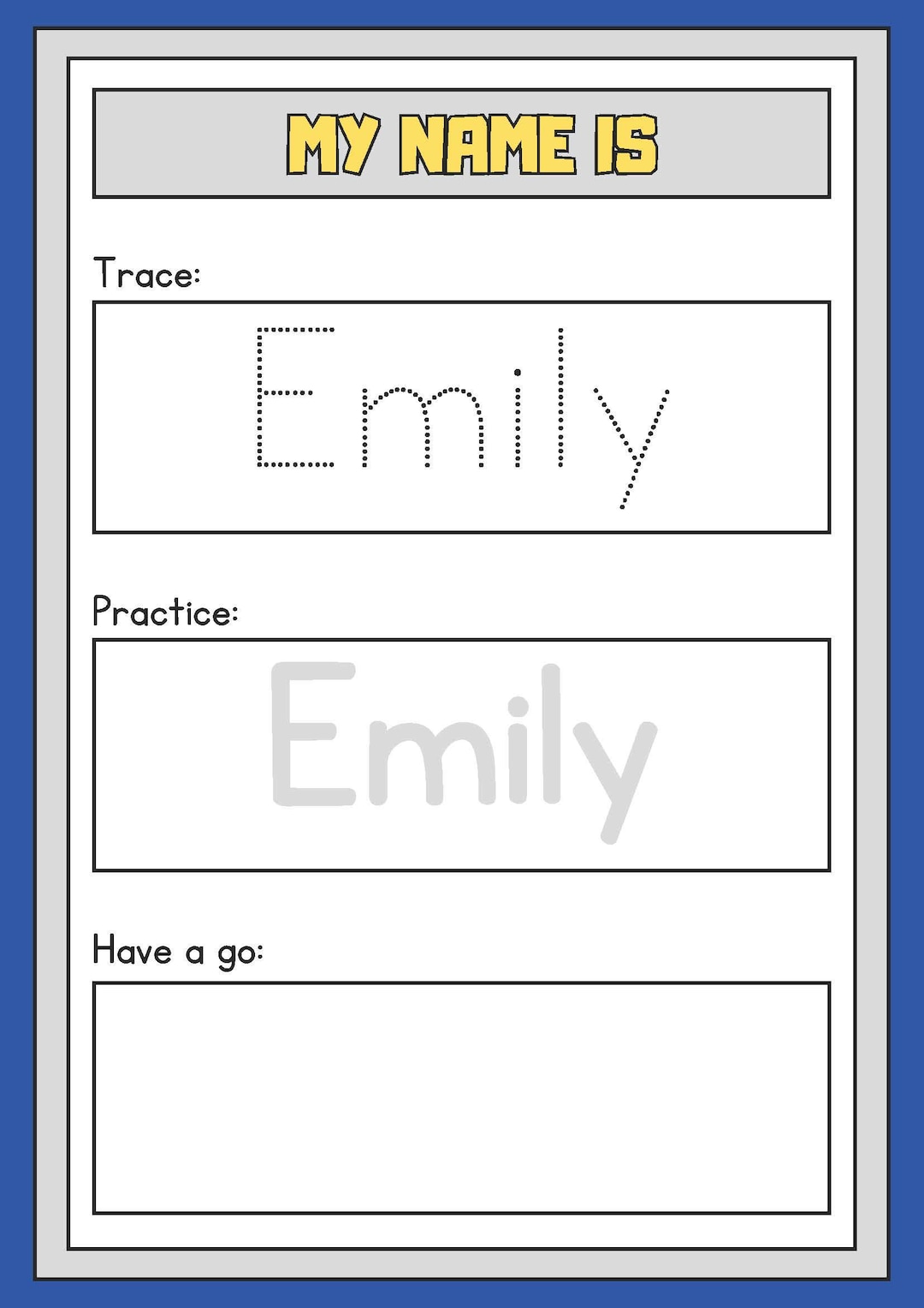 Pre-school Custom Name Tracing Worksheet Emily - Etsy